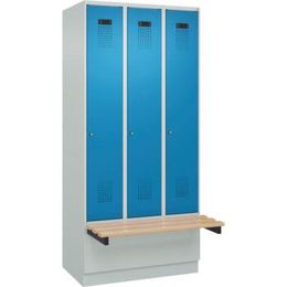 Kleiderspind C+P Evolo Plus, 3 Abteile &agrave; 300 mm Breite, Sockel, schwebende Sitzbank, B 900 x T 815 x H 1950 mm, Zylinder, lichtgrau/lichtgrau