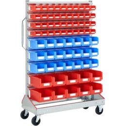 Sichtrollwagen f. Sichtlagerk&auml;sten, einseitig, B 1130 x T 510 x H 1705 mm, 40 x 0,7 l rot, 21 x 3 l blau, 10 x 7,5 l rot