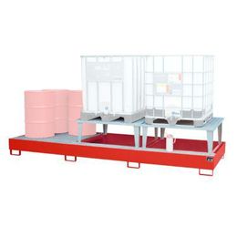 Auffangwanne Bauer AWA 32, Stahl, rot, L 3850 x B 1460 x H 780 mm, 1000 l, f&uuml;r 3 x 1000 l IBC, 2 Abf&uuml;llaufs&auml;tze, 1 Gitterost
