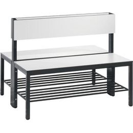 Sitzbank Basic Plus, 2-seitig, mit R&uuml;ckenlehne & Schuhrost, 4-Fu&szlig;gestell schwarzgrau RAL 7021, B 1000 mm, Dekor wei&szlig;