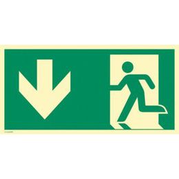 moedel Fluchtwegzeichen "Notausgang links Pfeil unten", nach ISO 7010 E001, Folie selbstklebend, langnachleuchtend, B 297 x H 148 mm