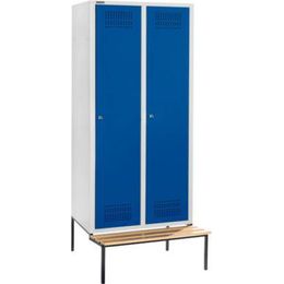 Sch&auml;fer Shop Sch&auml;fer Shop Genius Kleiderspind mit Sitzbank, 2 Abteile, 300 mm Abteilbreite, Zylinderschloss, lichtgrau/enzianblau
