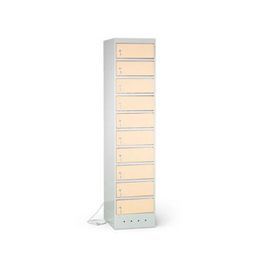 Laptopschrank mit Ladefunktion, 10 Abteile mit Zylinderschloss, Stahlblech lichtgrau RAL 7035/h.elfenbein RAL 1015