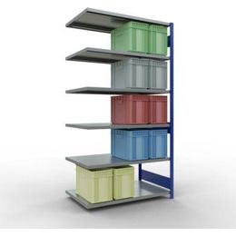 SCHULTE LAGERTECHNIK Fachbodenregal - Stecksystem MULTIplus 250, Anbauregal, L&auml;ngenriegel, 2500x1300x800 mm, 6 B&ouml;den, enzianblau/verzinkt