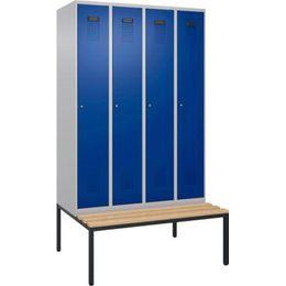 Kleiderspind C+P Evolo Plus, 4 Abteile, 300 mm Abteilbreite, mit untergebauter Sitzbank, B 1200 x T 815 x H 2120 mm, Zylinder, wei&szlig;aluminium/enzianblau