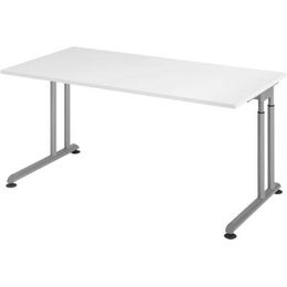 Schreibtisch Breno, manuelle H&ouml;heneinstellung, horizontaler Kabelkanal, B 1600 x T 800 x H 680-820 mm, Spanplatte & Stahl, Wei&szlig;/Silber