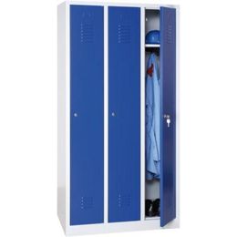 Kleiderspind, 3 T&uuml;ren, B 900 x H 1800 mm, Zylinderschloss, lichtgrau/blau
