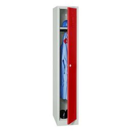 Kleiderspind, B 300 x H 1800 mm, lichtgrau/feuerrot RAL 7035/3000, Drehriegelverschluss