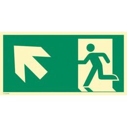 moedel Hinweisschild &bdquo;Notausgang links schr&auml;g oben&ldquo;, EN ISO 7010, Leuchtklasse C, 160 mcd/m&sup2;, bis 20 m, L 200 x B 400 mm, Aluminium, gr&uuml;n