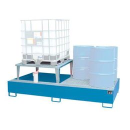 Auffangwanne Bauer AWA 21, Stahl, blau, L 2650 x B 1460 x H 863 mm, 1000 l, f&uuml;r 2 x 1000 l IBC, 1 Abf&uuml;llaufsatz, 1 Gitterost