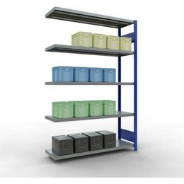 SCHULTE LAGERTECHNIK Fachbodenregal - Stecksystem MULTIplus 250, Anbauregal, L&auml;ngenriegel, 2000x1300x400 mm, 5 B&ouml;den, enzianblau/verzinkt