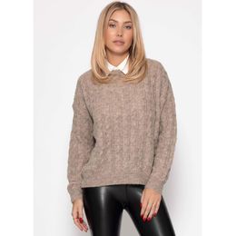 SASSYCLASSY Pullover mit Zopfmuster in Taupe | Gr.: L