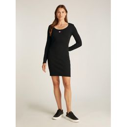 Jerseykleid Tommy Jeans "TJW BADGE RIB BODYCON DRESS EXT", Damen, Gr. XS (34), N-Gr, schwarz, Jersey, Obermaterial: 96% Baumwolle, 4% Elasthan, unifarben, figurbetont mini, tiefer Rundhals, abgesteppt, Kleider Jerseykleid, mit gerippter Struktur, Logo-Badge