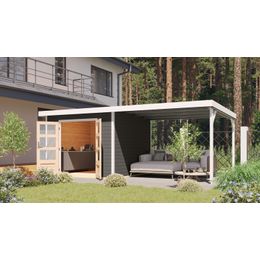 Gartenhaus Karibu ""Plutino B" SET, Anbaudach 3 m Breite", grau (terragrau, elfenbeinfarben), Holzwerkstoff, Gartenhäuser, Gartenhaus, terragrau-weiß, -staubgrau oder -anthrazit