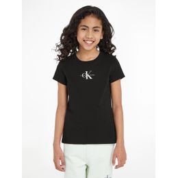 T-Shirt Calvin Klein Jeans "MICRO MONOGRAM TOP", Mädchen, Gr. 8 (128), schwarz (ck schwarz), Single Jersey, Obermaterial: 100% Baumwolle, unifarben, regular fit, Rundhals, Shirts T-Shirt, für Kinder bis 16 Jahre