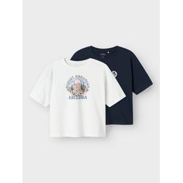 Kurzarmshirt name it "NKFVEEN 2P SS RLX TOP", M&auml;dchen, Gr. 122 (128), wei&szlig; (navy blazerpack:hellwei&szlig;), Jersey, Obermaterial: 100% Baumwolle, bedruckt, Rundhals, Shirts