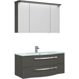 Badm&ouml;bel-Set SAPHIR "Serie 4005, vormontiert, Glaswaschbecken, Spiegelschrank", grau (lack steingrau hochglanz), Holzwerkstoff, Kastenm&ouml;bel-Sets, Badm&ouml;bel-Set, Badezimmer Set 117 cm breit, inkl. T&uuml;rd&auml;mpfer, 3 T&uuml;ren, 2 Schubladen