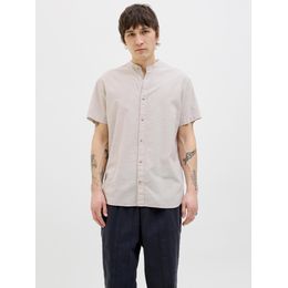 Jack & Jones Kurzarmhemd JACK & JONES "JJESUMMER BAND SHIRT SS SN", Herren, Gr. S, N-Gr, beige (crockery), Web, Obermaterial: 83% Baumwolle, 17% Leinen, unifarben, comfort fit taillenbedeckt, ohne Ausschnitt, gerader Abschluss, Hemden, mit Bandkragen