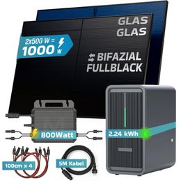 SUNNIVA&reg; 1000W Balkonkraftwerk mit 2,24 kWh Speicher MARSTEK B2500-D, BIFAZIAL FULLBLACK komplett Steckdose, PV Solaranlage Komplettset mit Solarspeicher, 2x 500W N-Type Glas-Glas Bifacial Module