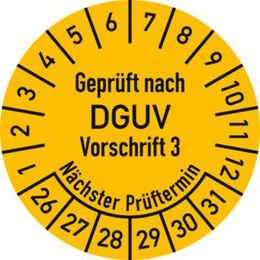 moedel Pr&uuml;fplakette DGUV V3 2026&ndash;2031, Folie, gelb, &Oslash; 30 mm &ndash; 500 St&uuml;ck/Rolle, wasserfest