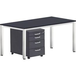 Komplettset BEXXSTAR, Schreibtisch 1600 mm breit und Rollcontainer, Quadratrohrfu&szlig;, schwarz