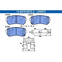 ATE Bremsbelagsatz, Scheibenbremse 13.0470-5572.2 hinten rechts links mit Zubeh&ouml;r f&uuml;r HYUNDAI KIA 58302-J9A00 58302-0ZA00 58302-1GA00