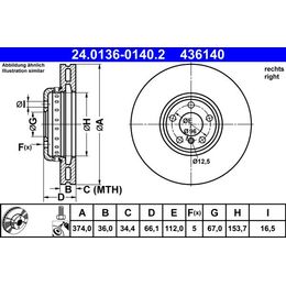 ATE Bremsscheibe 24.0136-0140.2 vorne rechts bel&uuml;ftet 374mm f&uuml;r BMW 34106875284 34106880078