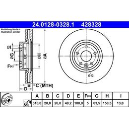 ATE Bremsscheibe 24.0128-0328.1 vorne rechts links bel&uuml;ftet 316mm f&uuml;r JAGUAR T4N1799