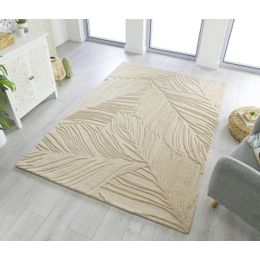 Wollteppich FLAIR RUGS, B:160cm H:10mm L:230cm, beige, Wolle, Wohnzimmer, Teppiche, "LINO LEAF", Hoch-Tief Effekt