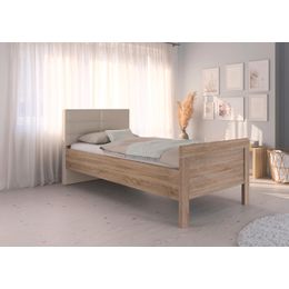 Bett Rauch, B:109cm H:100cm L:214cm, braun, Schlafzimmer, Betten, "Bett Einzelbett Stollenbett EVELYN", in Komforth&ouml;he mit Polsterkopfteil in