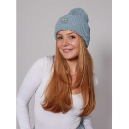 Zwillingsherz Damen Strickmütze "Smile"hellblau, Strick, Obermaterial: 70% Wolle, 30% Polyamid, Mützen, Grobstrick, Smile Patch