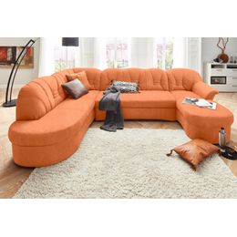 Wohnlandschaft DOMO collection, B:293cm H:84cm T:82cm, orange, (gepr&auml;gte) Luxus-Microfaser (100% Polyester);Kunstleder SOFTLUX / Struktur (100%