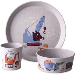 Koziol Kindergeschirr-Set "Kleiner Teller + Schale + Becher CONNECT TRUCKS", 3 Stk., grau, Geschirr-Sets, 100% melaminfrei & recycelbar, CO&sup2; neutral