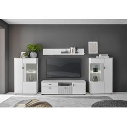 Wohnwand Inosign, B:320cm, weiß, Wohnzimmer, Kastenmöbel-Sets, "Hudson, moderne Anbauwand, Wohnzimmer-Set, Komplettset", mit moderner Rillenoptik,