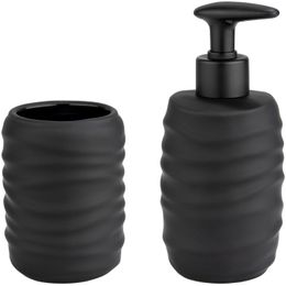 Badaccessoire-Set Wenkoschwarz, Keramik, Badaccessoires-Sets, "Illana", bestehend aus Seifenspender und Zahnputzbecher, Keramik