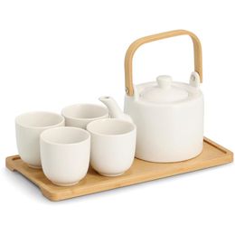 zeller PRESENT Geschirr-Set "Tee-Set, 6-tlg. Steingut/Bambus, wei&szlig;", 6 Stk.wei&szlig;, Geschirr-Sets, Teekanne mit Bambusgriff, hochwertig und langlebig