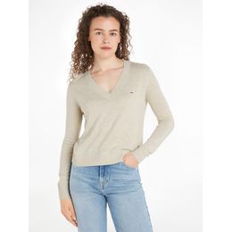 Tommy Jeans Damen Strickpullover "TJW ESSENTIAL VNECK SWEATER EXT", wei&szlig;, Basic, Gr. XS, meliert, Strick, Obermaterial: 53% Baumwolle, 40% Viskose,