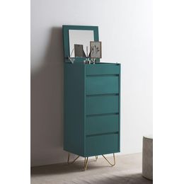 Hochkommode Salesfever, B:45cm H:110cm T:40cm, blau, MDF, Metall, Sideboards, "Bolton - Elegante Schubkastenkommode", Spiegel im Klappdeckel, Kommode