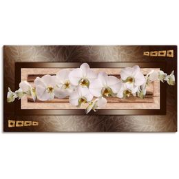 Leinwandbild Artland, B:150cm H:75cm T:1,8cm, weiß, Leinwand, Wohnzimmer, Bilder, "Weiße Orchideen mit goldenen Vierecken", auf Holzrahmen gespannt
