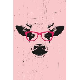Leinwandbild queence, B:80cm H:120cm T:2cm, rosa, Canvas, Holzrahmen, Wohnzimmer, Bilder, "Kuh mit Brille", Premium-Leinwandstoff, Handarbeit aus