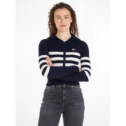 Tommy Jeans Damen Sweatjacke "TJW STRIPE ZIP THRU BADGE HOOD", blau, Gr. XS, gestreift, Sweatware, Obermaterial: 50% Viskose, 28% Polyester, 22%