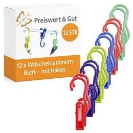 Pro Plus 12 x W&auml;scheklammern Bunt &ndash; umkehrbar W&auml;scheklammer mit Haken zum Aufh&auml;ngen W&auml;scheleine Camping W&auml;sche oder W&auml;schespinne