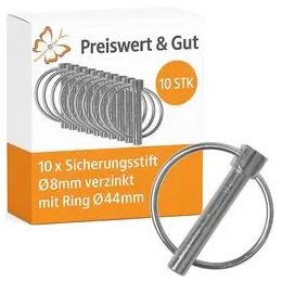 Pro Plus 10x Sicherungsstift &Oslash;8mm verzinkt &ndash; Steckbolzen mit Ring &Oslash;44mm Splint und Sicherung Silber Sperrbolzen Sicherungsstifte