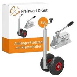 Pro Plus Anh&auml;nger Zubeh&ouml;r Set &ndash; St&uuml;tzrad Anh&auml;nger 260x85 mm Luft-Reifen Kunststoff-Felge bis 300kg Traglast &ndash; st&uuml;tzrad halterung &Oslash; 48 mm Stahl verzinkt Klemmschelle f&uuml;r Anh&auml;nger