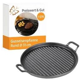 Gusseisenplatte rund &Oslash; 31 cm &ndash; massive 2,9kg Grillplatte aus Gusseisen Pfanne mit Griffen Grillpfanne f&uuml;r BBQ, Grill, Herd & Ofen gleichm&auml;&szlig;ige W&auml;rmeverteilung