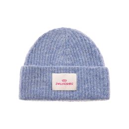 Zwillingsherz Damen Strickm&uuml;tze ""Zwillingsherz Patch""jeansblau, unifarben, Strick, Materialmix, M&uuml;tzen, gerippt, mit Wolle und Umschlag, mit Patch