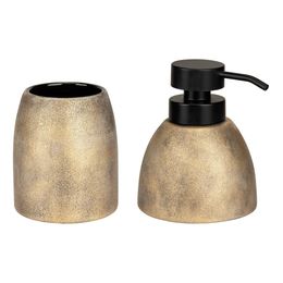 Badaccessoire-Set Wenkogoldfarben, Keramik, Badaccessoires-Sets, "Tremea", bestehend aus Seifenspender und Zahnputzbecher, Keramik in bronze matt