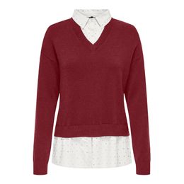 2-in-1-Pullover Only "ONLDAGMAR LS COLLAR MIX KNT", Damen, Gr. S, cabernet detail:cloud dancer woven, rhinestones, Strick, Obermaterial: 50% Viskose, 30% Polyester, 20% Nylon, unifarben mit Farbeinsatz, regular fit, V-Ausschnitt, Pullover