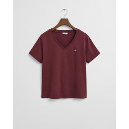 Gant Damen T-Shirt "REG SHIELD KA V-NECK T-SHIRT"plum wine, Basic, Gr. L, Jersey, Obermaterial: 100% Baumwolle, Shirts, mit einer kleinen