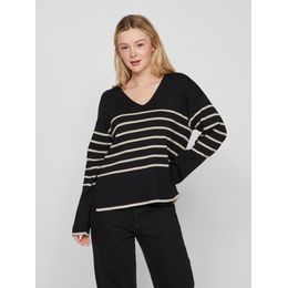 Vila Damen V-Ausschnitt-Pullover "VIOSTRIA V-NECK L/S REV TOP-NOOS", schwarz, Gr. XL, gestreift, Strick, Obermaterial: 70% Viskose, 30% Polyester,